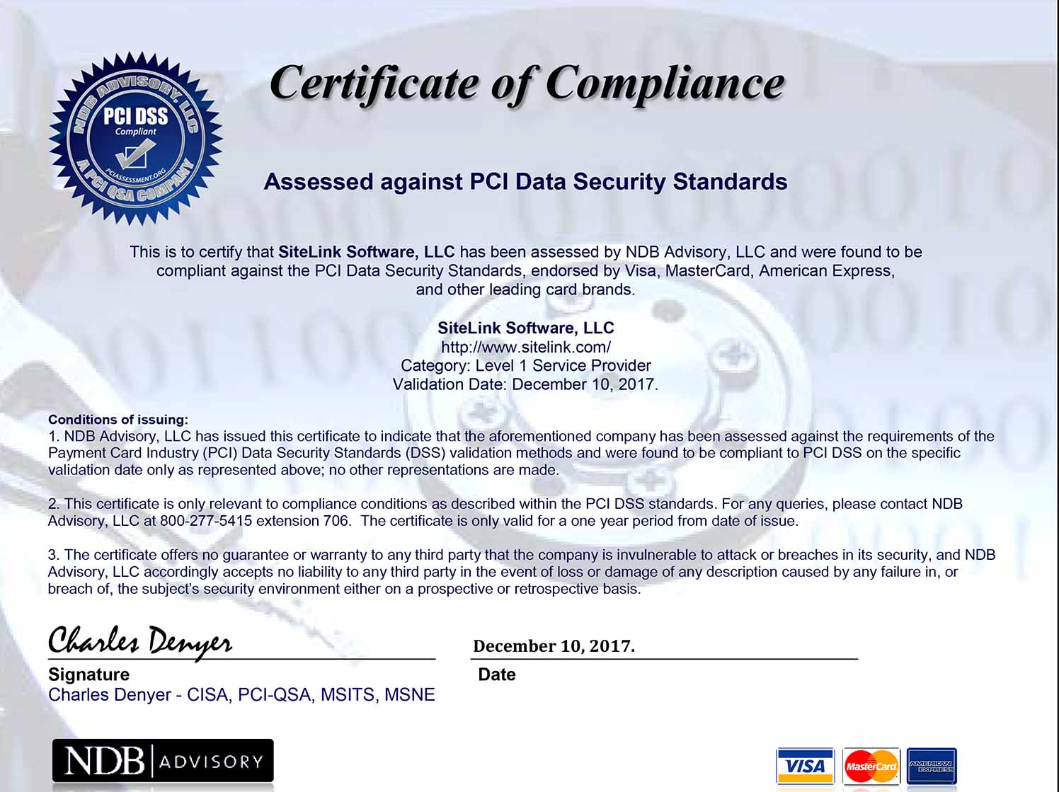 SiteLink Annual PCI DSS Level 1 Recertification SiteLink